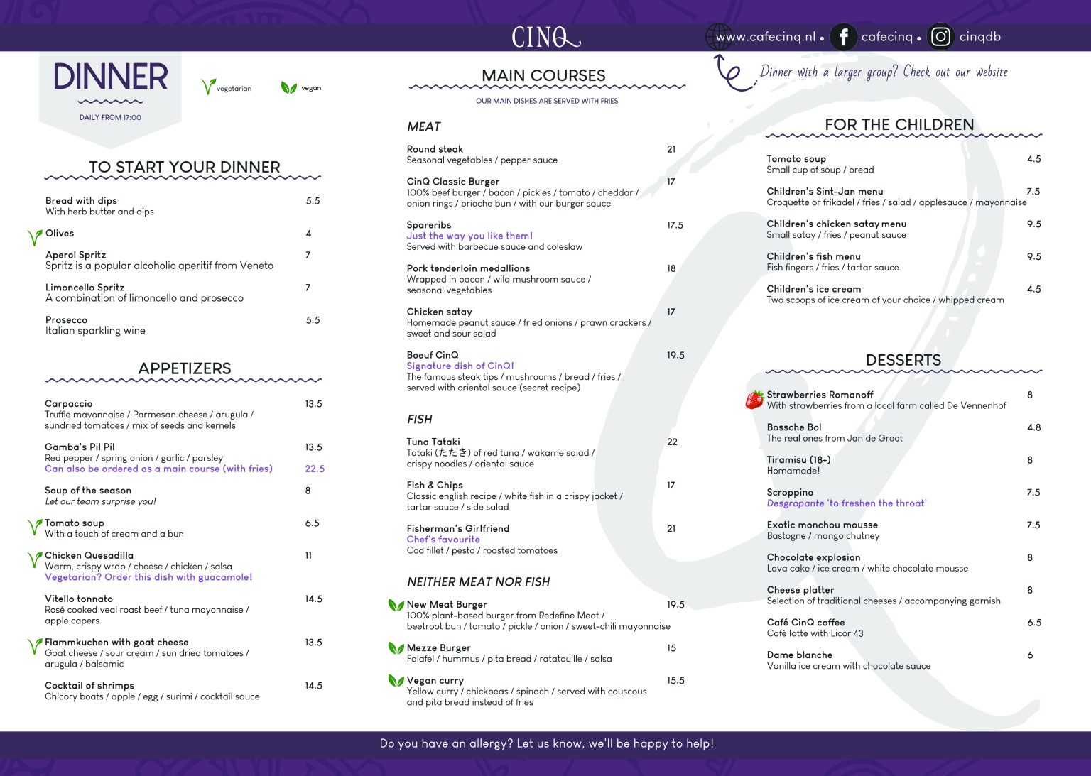 Menukaarten Engels – Cafe Cinq